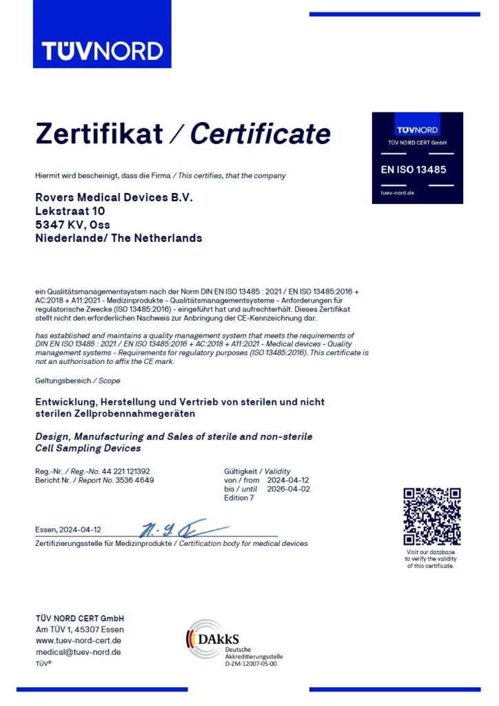 ISO certificate - Rovers Medical Devices